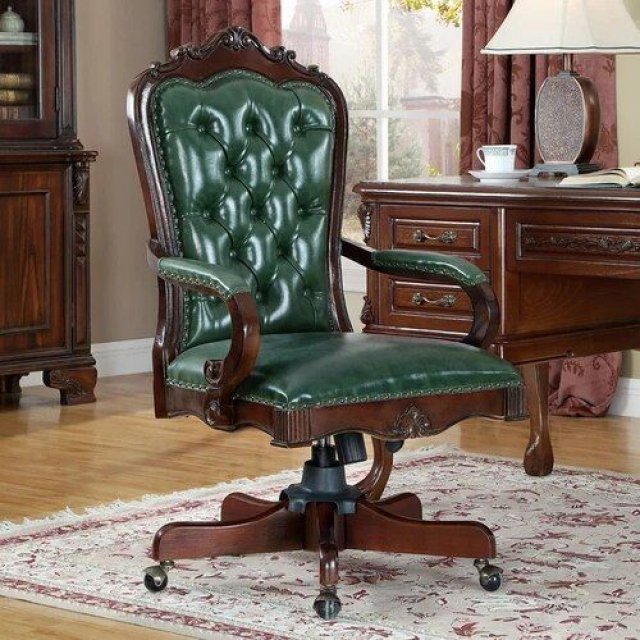 Luxurious Retro Carved Wood and Leather Swivel Office Chair - Toma Home